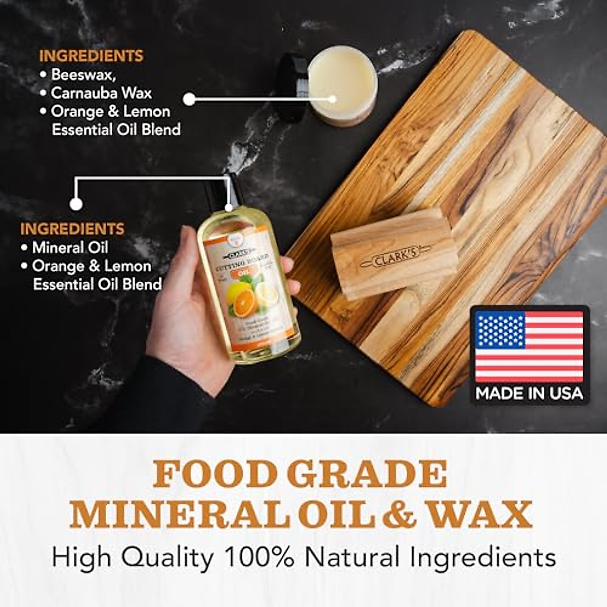 CLARK'S Bamboo Cutting Board Care Kit, Includes Mineral Oil (12oz) and Carnauba Beeswax (6oz) Enriched with Orange & Lemon Extract, Bamboo Cutting Board Oil Food Grade, Cutting Board Wax Bamboo