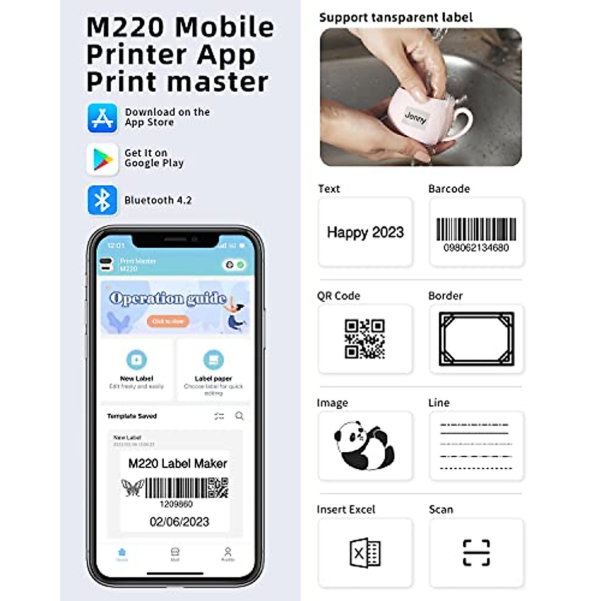 Phomemo M220 Label Maker, 3.14 Inch Label Printer, Bluetooth Thermal Sticker Printer for Barcode, Organizing, Mailing, Small Business, Storage, Compatible with Phone, PC, with 100 Pc Labels