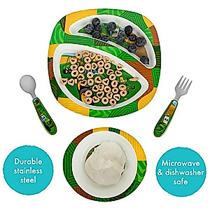 The First Years John Deere's Johnny Tractor and Friends Dinnerware Set - Toddler Plates and Bowls Set - Includes Toddler Plate, Toddler Bowl, Toddler Fork and Toddler Spoon - 4 Count