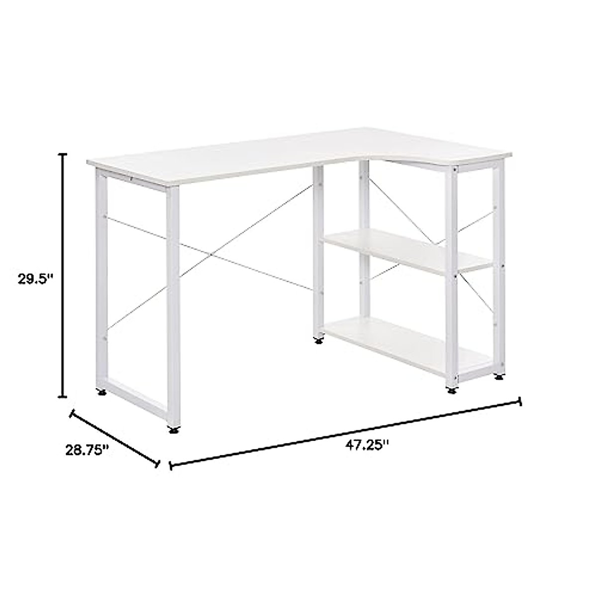HOMCOM Industrial L-Shaped Computer Desk with 2 Side Shelves and Steel Frame, Corner Desk, Study Workstation for Home Office, White