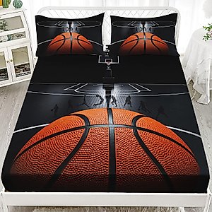 AILONEN 3D Basketball Fitted Sheet Full Size, Sport Basketball Player Bedding Set for Boys Kids Teen,3D Ball Sports Bedsheets Set,Basketball Ground Bedsheets Set,1 Fitted Sheet 2 Pillowcases,3 PCS