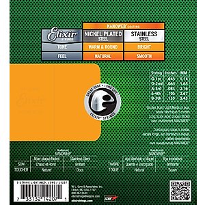 Elixir Strings Nickel Plated Steel 5-String Bass Strings w NANOWEB Coating, Long Scale, Light/Medium (.045-.135)