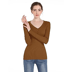 v28 Women Tops Long Sleeve V Neck Henley Button Up Casual Sexy Slim Fit Ribbed Knit Knitwear Pullover Sweater (L, Camel)