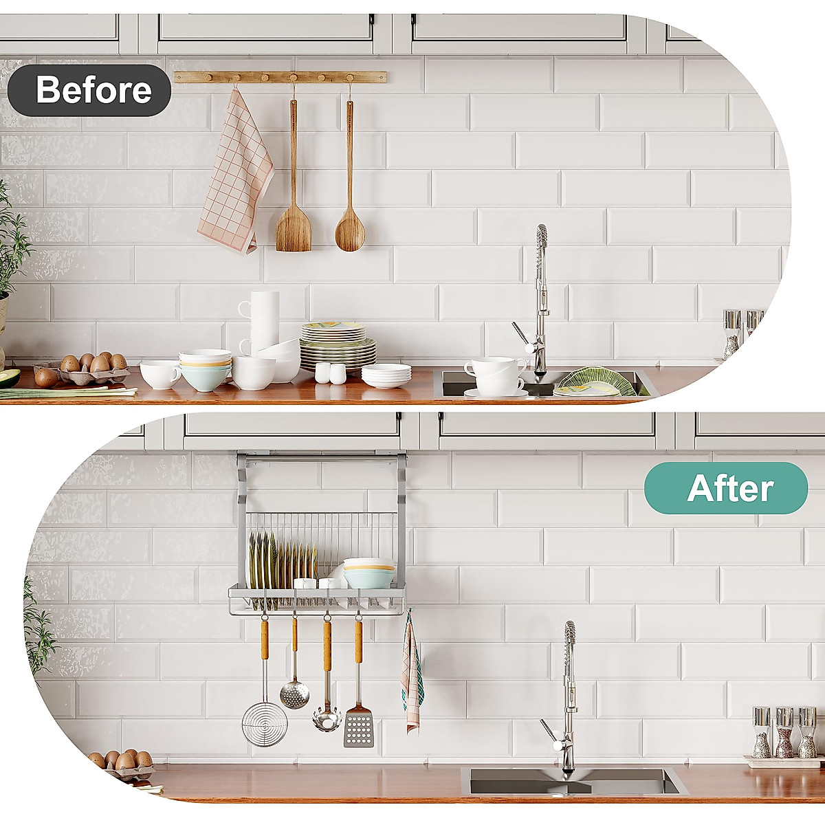 TQVAI Stainless Steel Hanging Dish Drainer Folding Dish Drying Rack with Rod, Drainboard and Hanging S Hooks - Silver