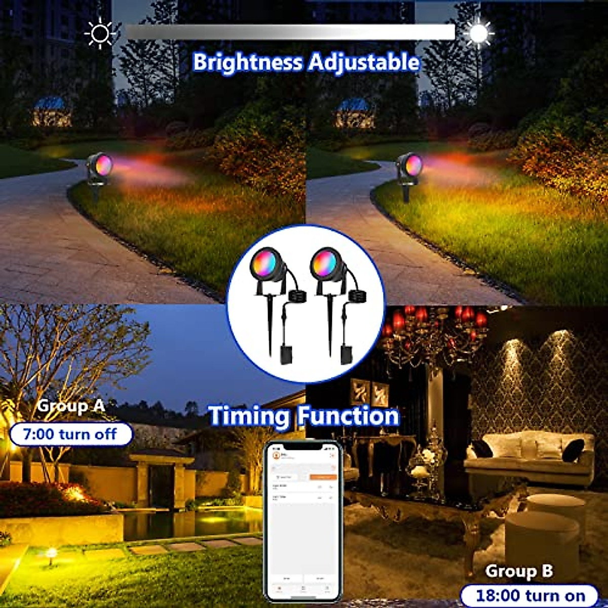 Tsanhoo Spot Lights Outdoor, 15W Waterproof Spotlights for Yard, RGBW Outdoor Spotlight,Low Voltage Landscape Lights, Intelligent Dimming APP Control Outdoor Led Spotlight (Without Remote Control)