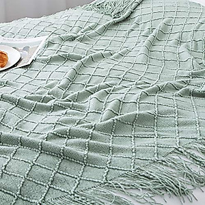 TREELY Aqua Throw Blanket with Fringe Tassels Knitted Throw Blanket Textured Solid Decorative Knit Blanket for Bed Couch, 50" x 67.7", Aqua