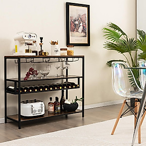 Giantex Industrial 4-Tier Wine Rack Table, 13-Bottle Wooden Wine Bar Cabinet with Wine Rack, 20 Glasses Holder, Wine Storage Rack with Metal Frame, Wine Rack Freestanding Floor, Rustic Brown