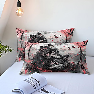 CCoutueChen Wolves Duvet Cover Set King Size Japanese Cherry Blossoms Comforter Bedding Set Retro Animal Duvet Covers for Girls Women Adults Bohemian Dream Catcher Duvet Cover with 2 Pillowcases