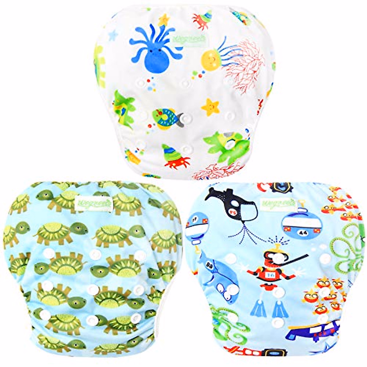 wegreeco Baby & Toddler Snap One Size Adjustable Reusable Baby Swim Diaper (Diving, Ocean, Turtle, Large, 3 Pack)