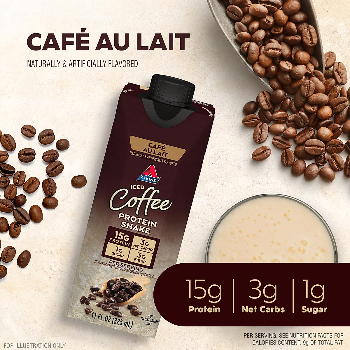 Atkins Café au Lait Iced Coffee Protein Shake, 15g Protein, Low Glycemic, 3g Net Carb, 1g Sugar, Keto Friendly, 12 Count