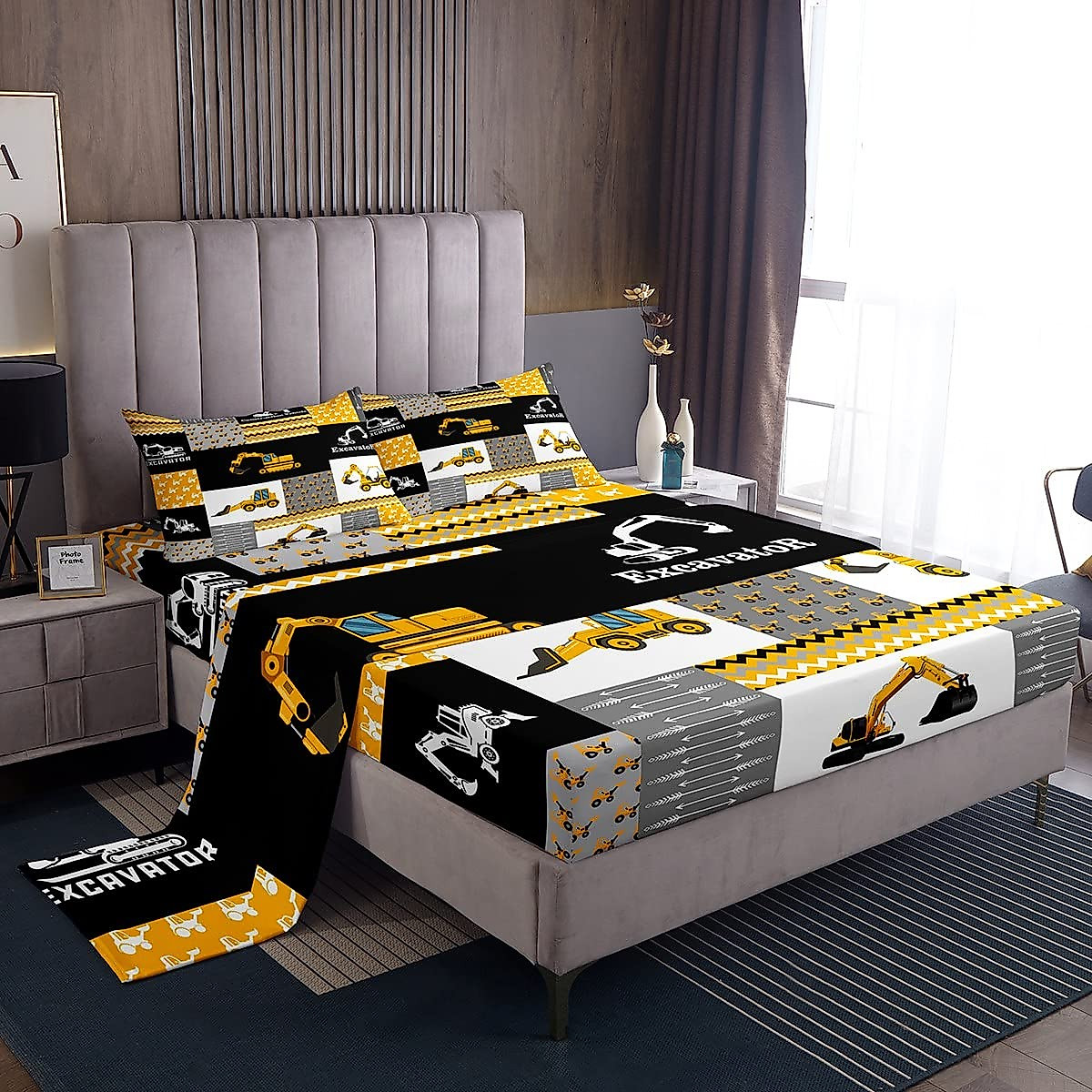 Feelyou Excavator Sheets with Deep Pocket Fitted Sheet Construction Vehicles Sheet Set Equipment Trucks Bed Sheets Set for Kids Boys Girls Cartoon Car Bedding Set Geometric Lattice Bed Set Queen Size