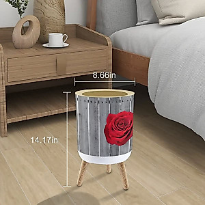 NBWEE Shabby Chic Small Trash Can with Lid Red Rose on Black and White on Wooden Board Wastebasket with Legs Simple Round Garbage Bin for Kitchen, Bathroom, Bedroom, Powder Room 1.8 Gallon - 7L