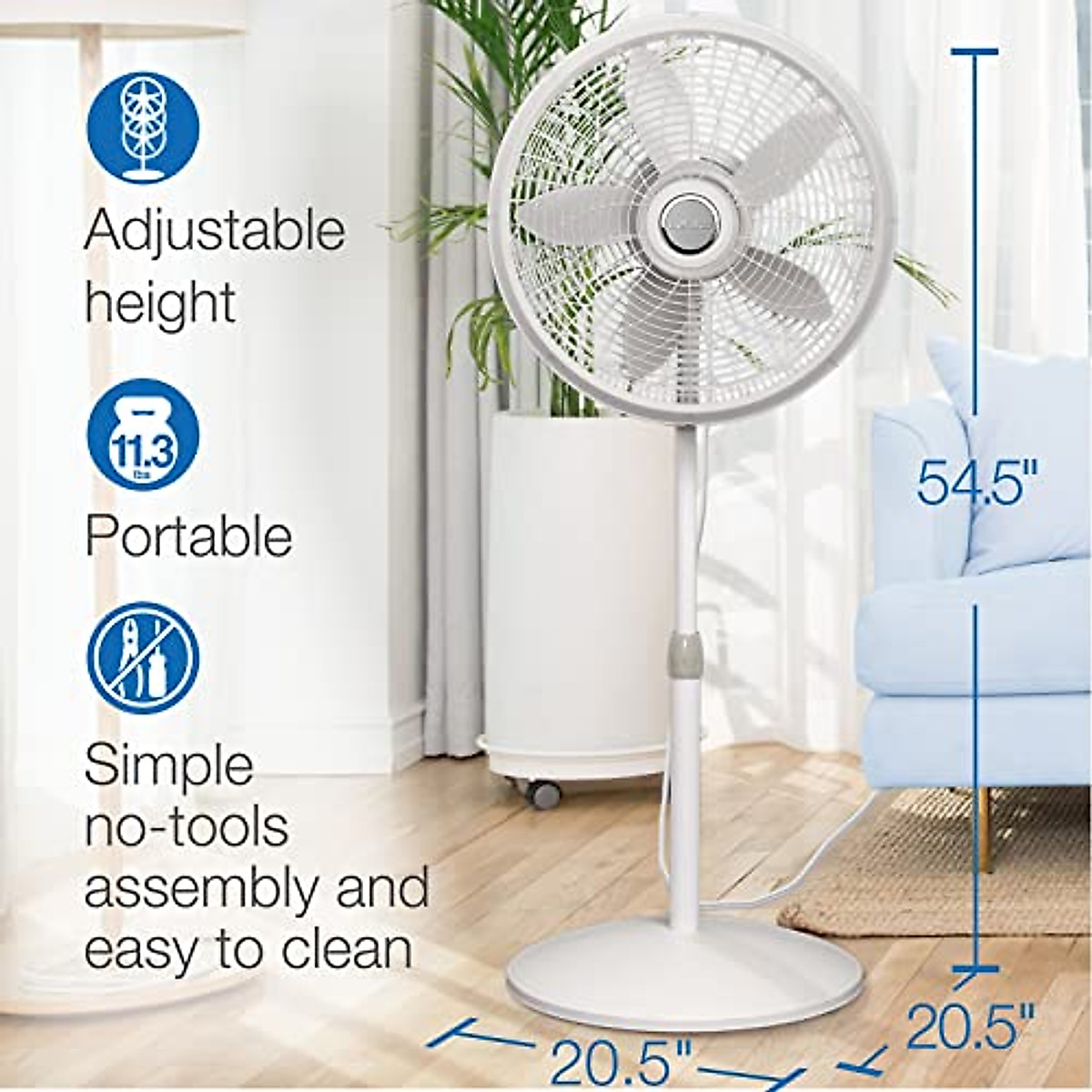 Lasko Oscillating Pedestal Fan, Adjustable Height, 3 Speeds, for Bedroom, Living Room, Home Office and College Dorm Room, 18", White, 1820
