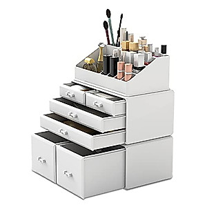 READAEER Makeup Organizer 3 Pieces Cosmetic Storage Case with 6 Drawers (White)