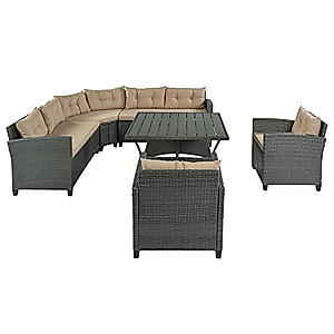 Outdoor Patio Furniture Conversation Sets Dinning Set, with Plywood Table, 6 Pieces All-Weather PE Wicker Curved Cushioned Sectional Sofa Set with Pillows (6-Piece + Beige + Plywood Table)