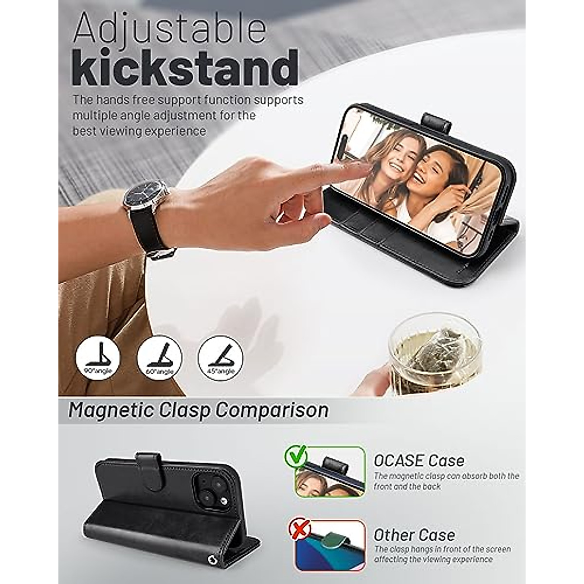 OCASE Compatible with iPhone 15 Wallet Case, PU Leather Flip Folio Case with Card Holders RFID Blocking Kickstand [Shockproof TPU Inner Shell] Phone Cover 6.1 Inch 2023, Black