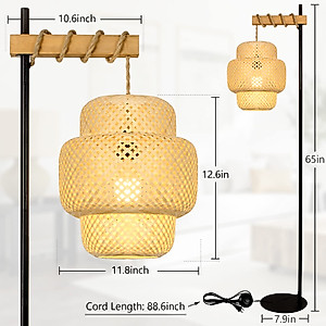 Stepeak Boho Floor Lamp with Remote, Farmhouse Dimmable Rattan Standing Lamp with Smart Blub, Bamboo Lampshade, App Control, Wood Black Tall Lamps for Living Room Bedroom Office, 9W LED Bulb Included
