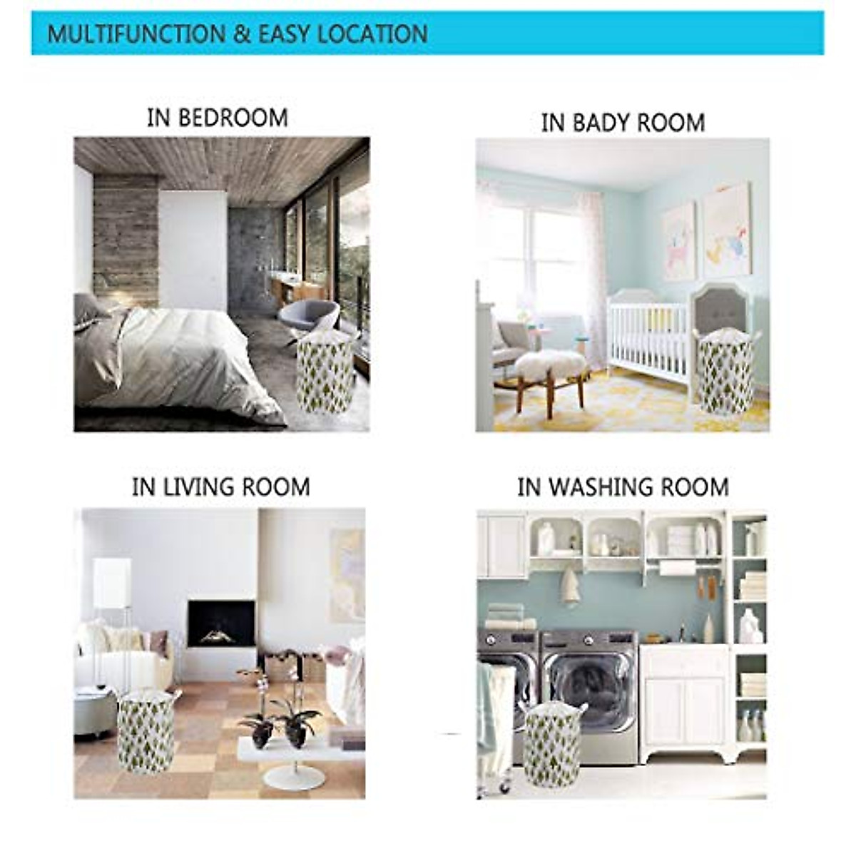 HeyToo 17.7in Drawstring Waterproof Foldable Laundry Hamper,Dirty Clothes Laundry Basket,Handle Linen Bin Storage Organizer for Toy Collection Tree