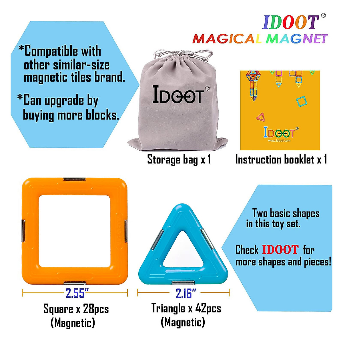 idoot Magnetic Tiles Building Blocks Toddler Toys Magnets for Kids,70PCS Magnetic Blocks STEM Building Toys for 3+ Year Old Boys Girls Educational Games Stacking Blocks Gifts