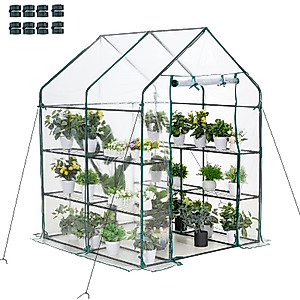 AMERLIFE Mini Walk-in Greenhouse 3 Tier 4 Shelves with PVC Cover and Roll-Up Zipper Door,for Indoor Outdoor Use Extra Hooks Wind Ropes, 77''x56''x29''