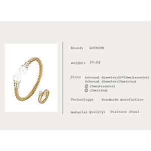 Adjustable Stylish Stainless Steel Twisted Cable Bangle Bracelet Gold-Color with Shell Pearl for Women