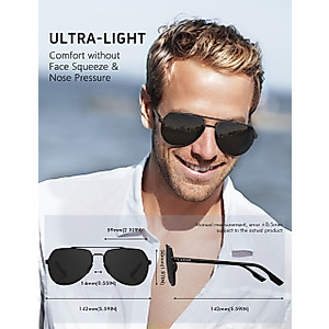 LUENX Men Women Aviator Sunglasses Polarized Shades Flexible Spring Hinge - Black Dark Lens Black Metal Frame 60MM