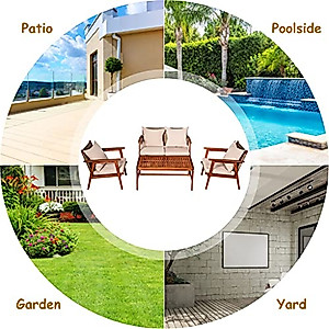 LIRUXUN 4PCS Patio Rattan Furniture Set Acacia Wood Frame Cushioned Sofa Chair Garden Perfect to Be Placed in Your Patio, Poolside and Garden