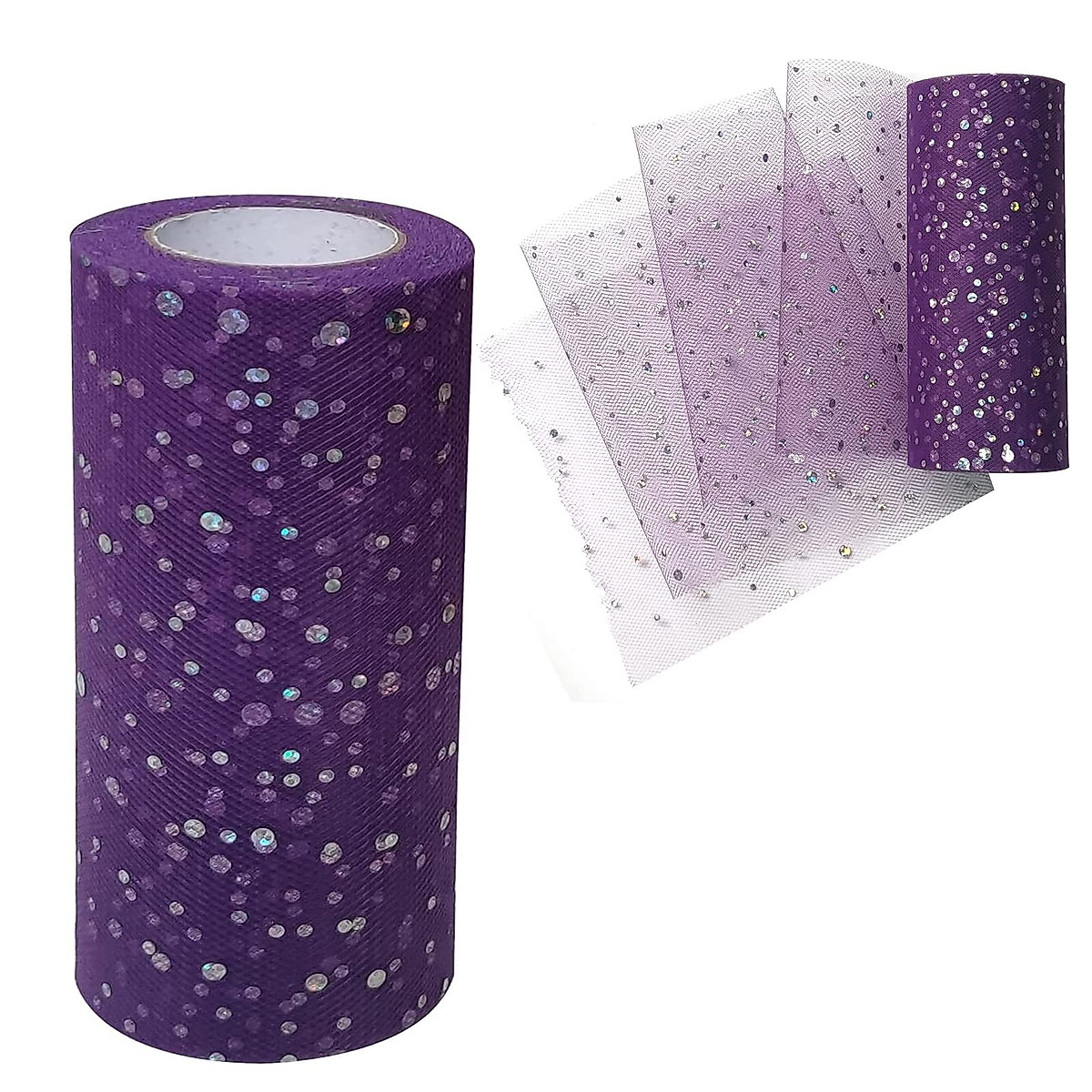 Glitter Tulle Rolls, 6” by 50 Yards (150FT) Sparkling Tulle Spool Ribbon Sequin Tulle Netting Fabric for Tutu Skirt Wedding Birthday Baby Shower (Purple)