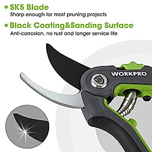 WORKPRO Bypass Pruning Shears, 8’’ Stainless Steel Gardening Hand Pruner, Professional Garden Trimming Scissors with Sharp SK5 Steel Blades, Ideal Garden Tool,Green