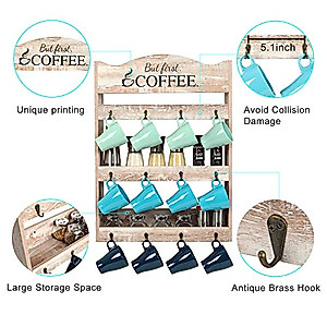 PAG Wall Mounted Coffee Mug Rack Tea Cup Organizer Display Shelf with Coffee Sign, 3 Tier & 12 Hooks, Retro White