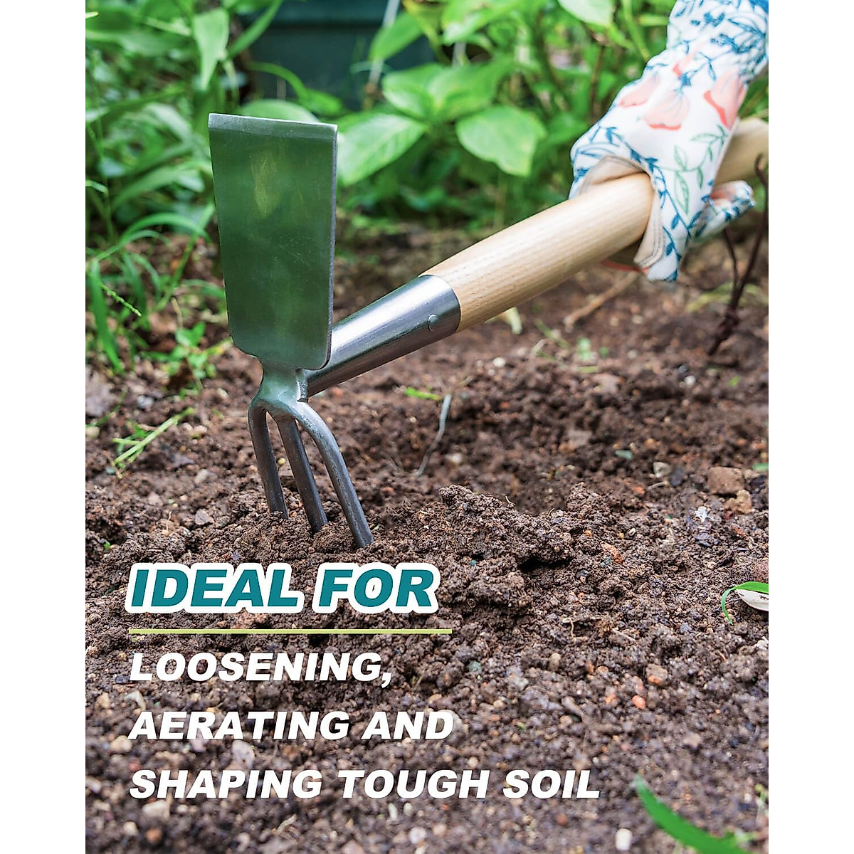 Hoe and Cultivator Garden Rake Hand Tiller Tool Wood Handle Double Sided Cultivator Versatile Tool for Digging,Loosening Soil,Weeding,Breaking Up Soil,Cultivating,Preparing Seedbeds Combination Garden