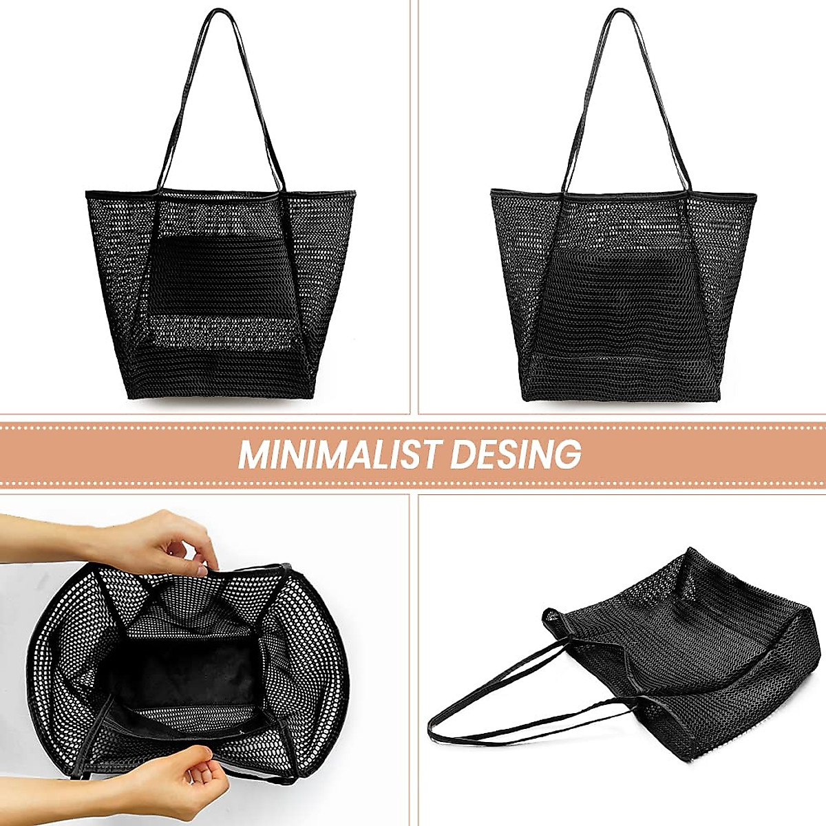 JUNP·GAN Beach Bag Mesh The Tote Bag, Womens Shoulder Handbag Casual Tote Bag Hobo Women Foldable MAX 23L For Beach Picnic Vacation Black