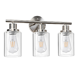 Unicozin 3 Light Vanity Lights, Brushed Nickel Wall Sconce Light with Clear Glass, Bathroom Light Fixtures, Wall Lights for Mirror, Living Room, Bedroom, Hallway, E26 Base (Bulbs Not Included)
