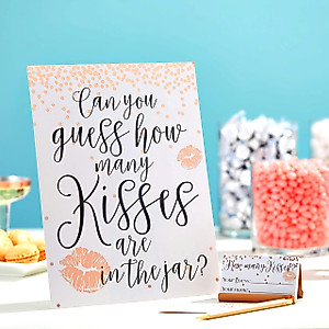 Sparkle and Bash Guess How Many Kisses Bridal Shower Game for 60 Guests for Wedding (1 Rule Board, 60 Guessing Cards)