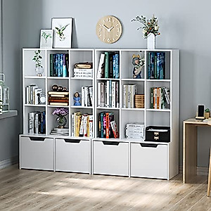 HIFIT Cube Bookshelf, 55.1" H Bookcase Storage Cabinet Wooden with 9 Compartments and 2 Large Drawers for Home Office Living Room, White 1Pcs