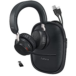 Jabra Evolve2 65 Wireless Bluetooth Headset Stereo UC - USB Blue Tooth Dongle, Compatible with Zoom, Webex, Smartphones, Tablets, PC/MAC, 26599-989-999 (Black), Global Teck Gold Support Plan Included