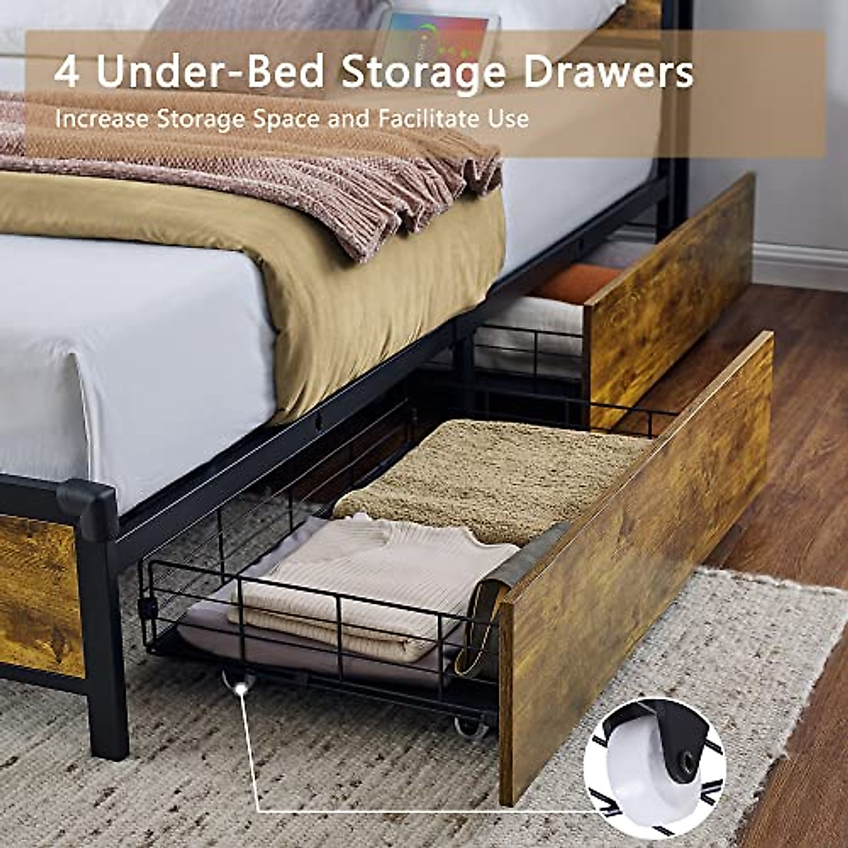 Alohappy Queen Bed Frame with LED Lights and Charging Station, Metal Platform Bed Frame with 2 -Tier Storage Headboard and Drawers, No Box Spring Needed, Easy Assembly, Noise Free