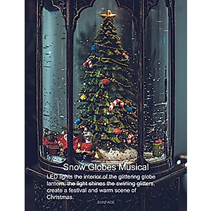 Christmas Snow Globe Lantern 11",USB & Battery Operated Lighted Swirling Glitter Water Lantern with Timer for Christma Home Decoration (Trees)