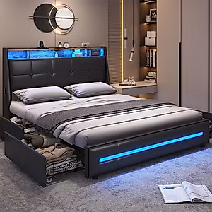 MSmask Queen Bed Frame with 4 Storage Drawers, Charging Station and LED Lights, Upholstered Bed Frame with Button Tufted Wingback Headboard, LED Bed Frame Queen Size, No Box Spring Needed, Black