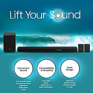 Hisense AX5125H 5.1.2Ch Sound Bar with Wireless Subwoofer, 500W, Dolby Atmos, Bluetooth 5.3, EzPlay, 4K HDMI Pass Through, Roku TV Ready, DTS:X, HDMI/AUX/ARC/Optical/USB, 7 EQ Modes
