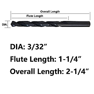 VALYRIANTOOL 12PCS 3/32 Inch HSS Twist Drill Bits | M2 Black Oxide Drill Bits Set | Fully Ground Jobber Length Drill Bits for Drilling on Mild Steel, Copper, Aluminum, Zinc Alloy