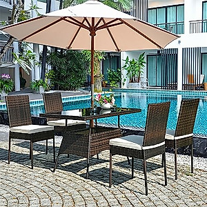 BaRdzo 5 PCS Patio Rattan Dining Set Glass Table High Back Chair Garden Deck Mix Brown
