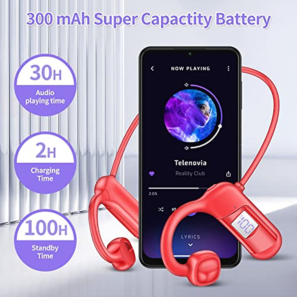 Bone Conduction Bluetooth Headphones, Open-Ear Wireless Headphones with Microphone, Sports Headset Power Display TF Card Slot Sweatproof Earphones for Outdoor, Running, Cycling, Driving, Gym-Red