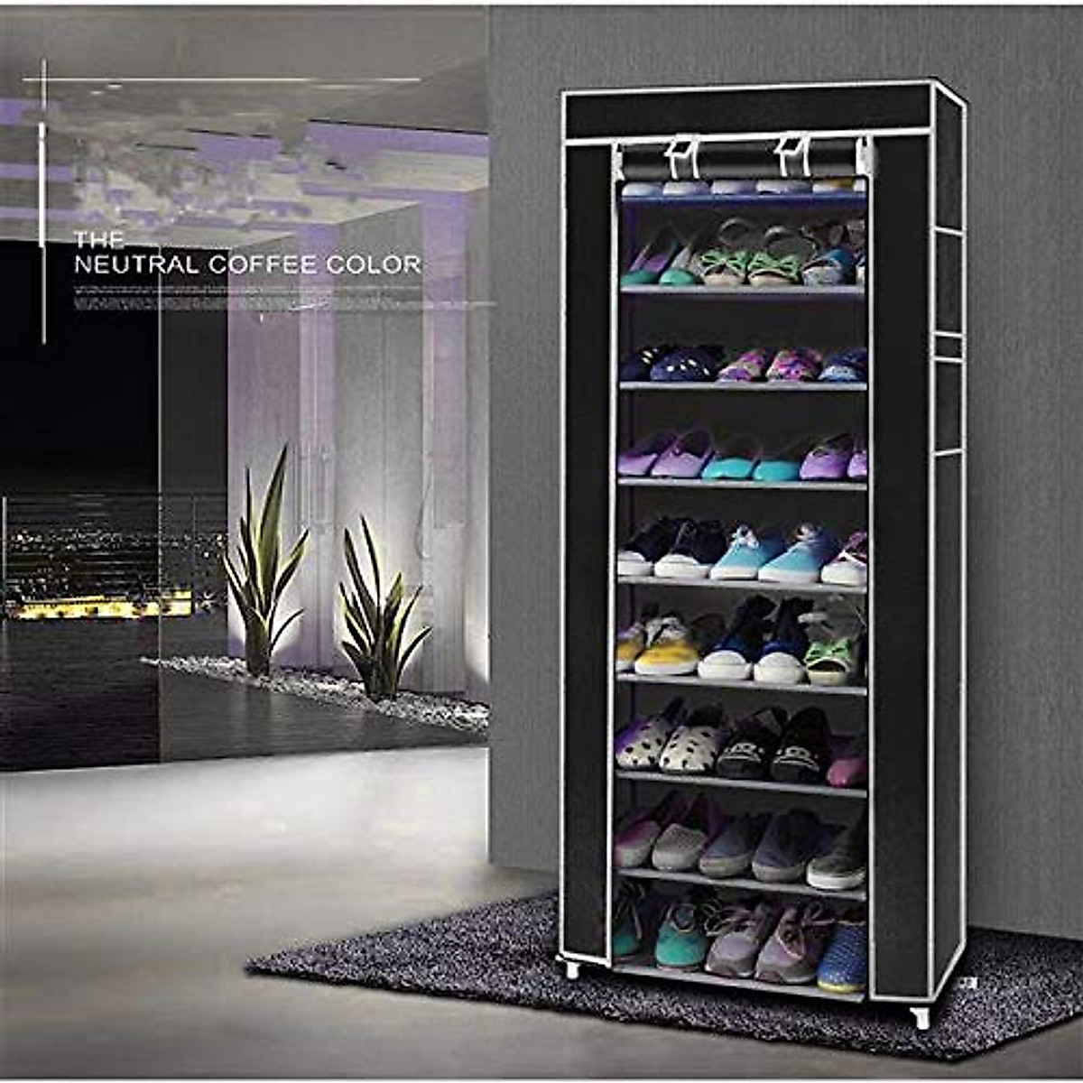 US in Stock Room-Saving 10-Layers 9 Lattices Shoe Rack with Dustproof Cover Closet Shoe Storage Cabinet Organizer Portable Shoe Storage Sturdy Plastic Shoe Shelf for Closet Entryway Garage Bedroom
