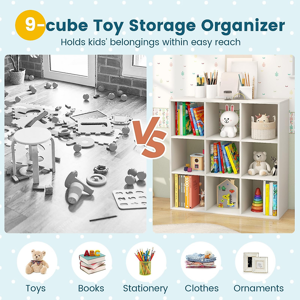 Costzon 9-Cube Toy Storage and Organizer, 4-Tier Wooden Kids Bookshelf, Toy and Book Storage Display Organization, Toddler Shelf for Playroom, Living Room, Classroom, Nursery, White