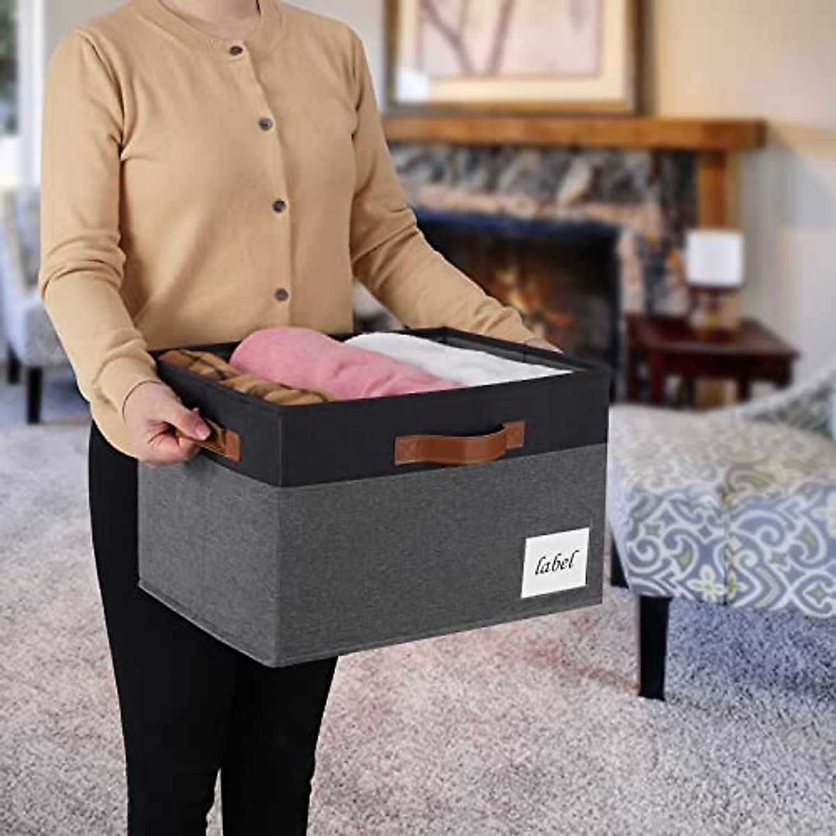 PFFVRP Large Storage Bins with Lids, Foldable Fabric Storage Baskets with Lids, Sturdy Storage Boxes with Labels and 3 PU Handles for Closet Home Bedroom Office (26L, 3 Packs, Grey&Black)