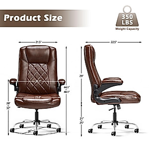 ZZWHOM Wider Office Chair w/Flip-Up Arms Executive Leather Office Chair w/Lumbar Support Adjustable Swivel Home Desk Chair w/Rocking Function (Brown)