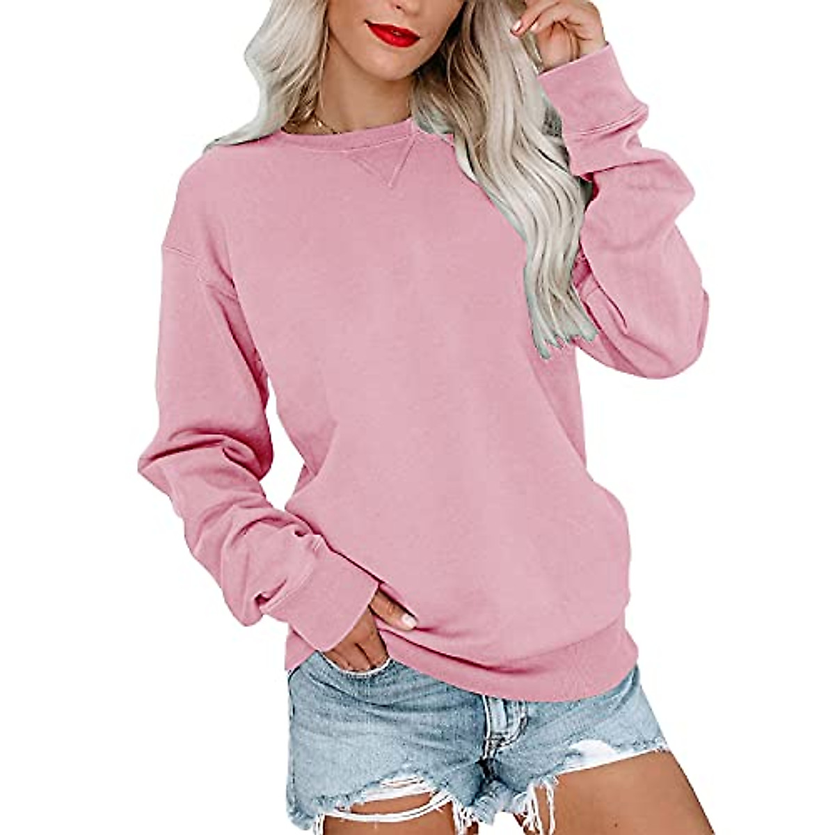 Orchidays Womens Casual Crewneck Sweatshirts Long Sleeve Cute Tunic Tops Loose Fitting Pullovers (Pink,XX-Large,Adult,Female,US,Alpha,XX-Large,Regular,Regular)