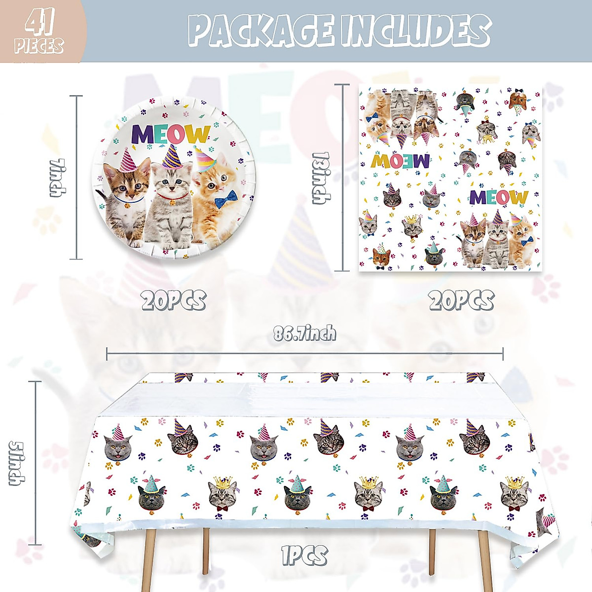 41pcs Cat Party Supplies ,include 20 Plates, 20 Napkin and 1pcs Tablecloth,Used for Birthday Party Decoration (Cat EEE)