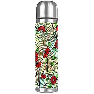 Red Flower Floral Art Stainless Steel Coffee Thermos, Double Walled Insulated Water Bottle for Outdoor Sports, Office, Car (17 OZ/500ML)